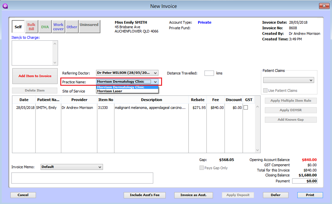 I created an invoice with the wrong practice | Genie Support